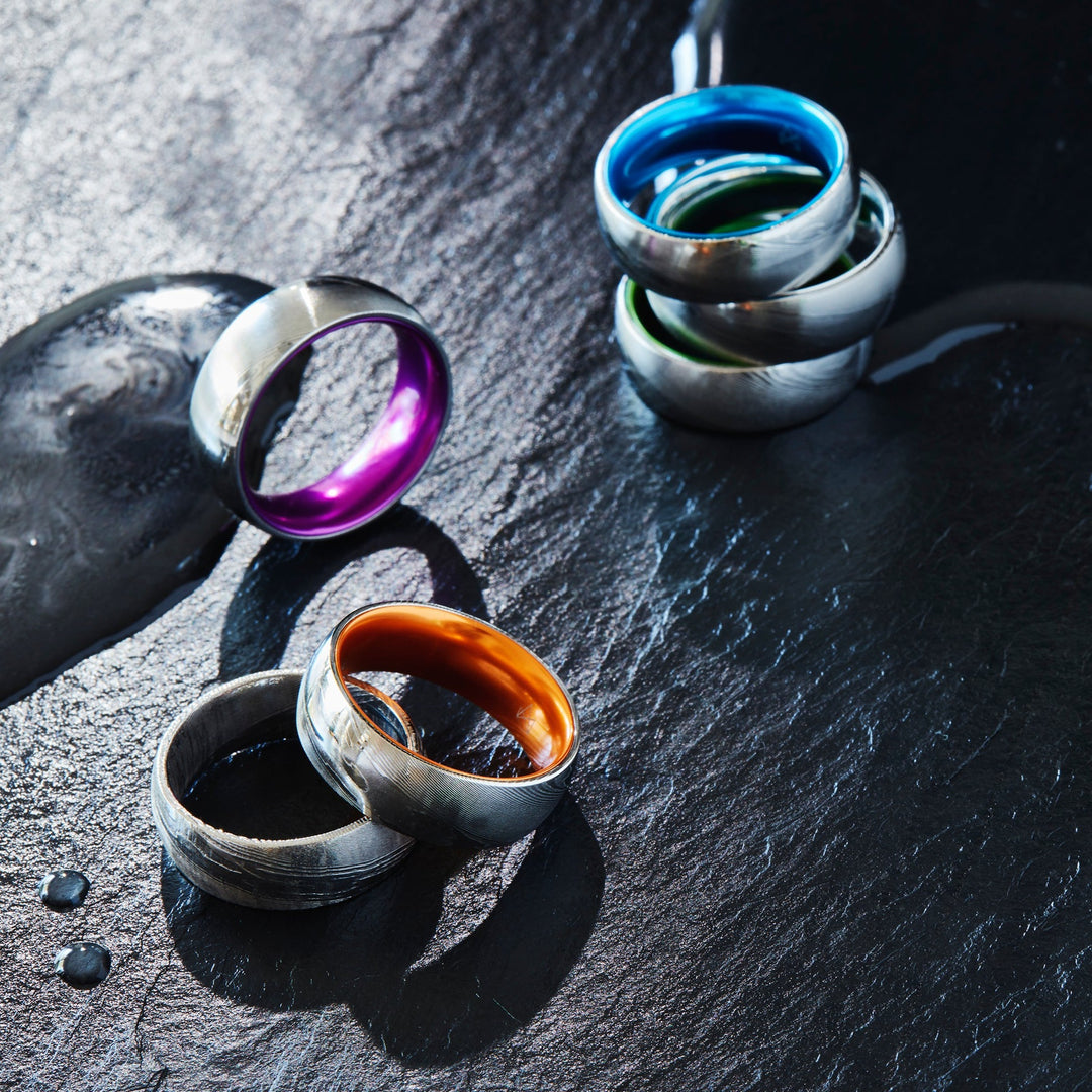 Wood Grain Blue Damascus Steel Ring | EMBR Wedding Bands