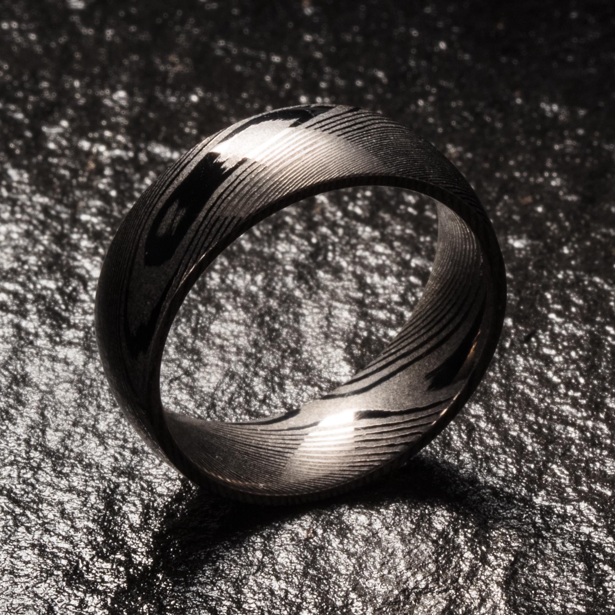 Wood Grain Damascus Steel Ring - Black Minimalist | EMBR Rings
