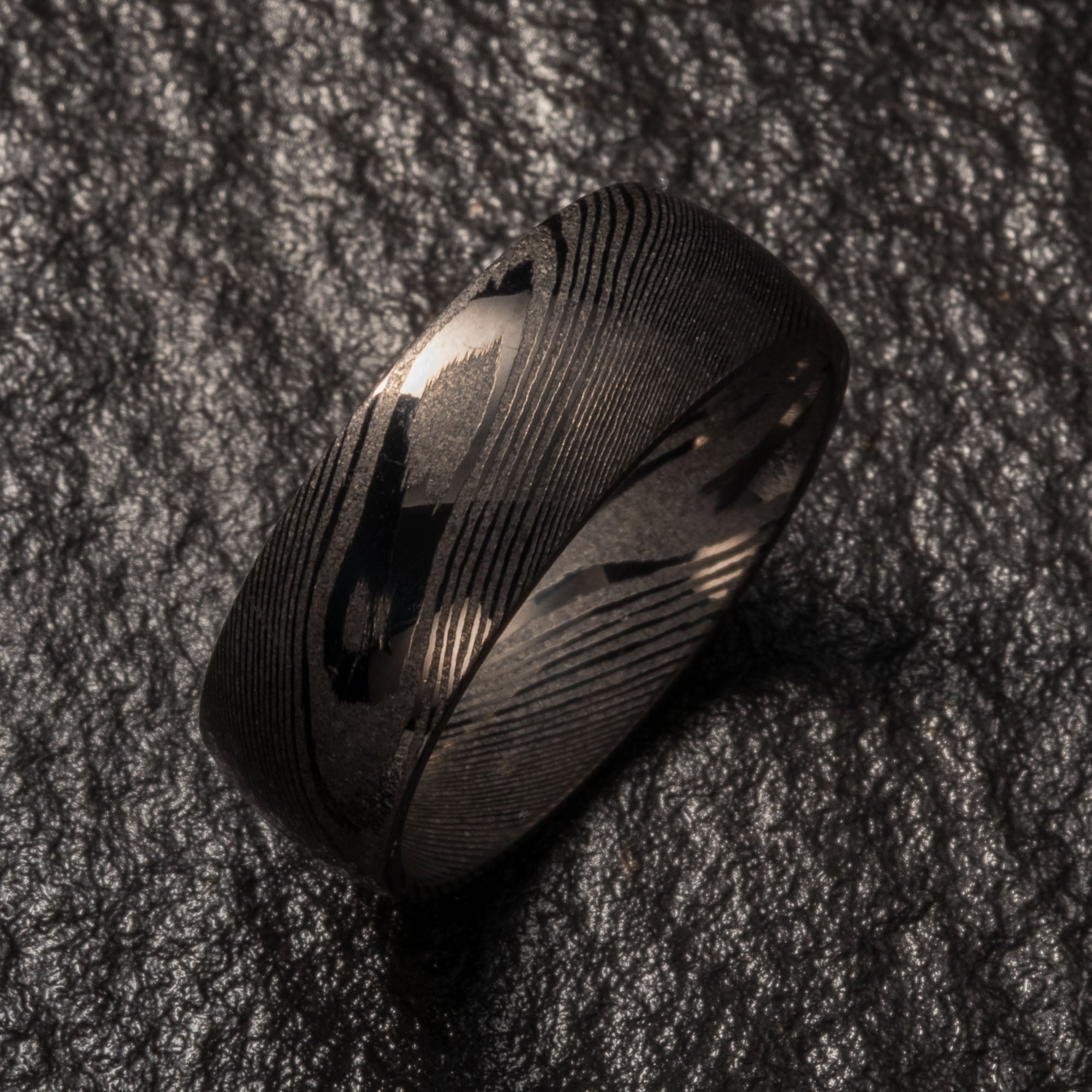 Wood Grain Damascus Steel Ring - Black Minimalist | EMBR Rings