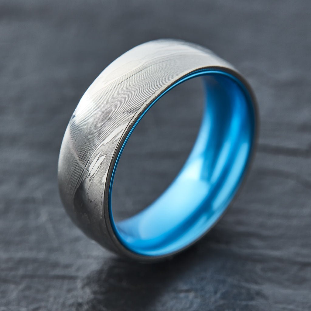 Wood Grain Blue Damascus Steel Ring | EMBR Wedding Bands