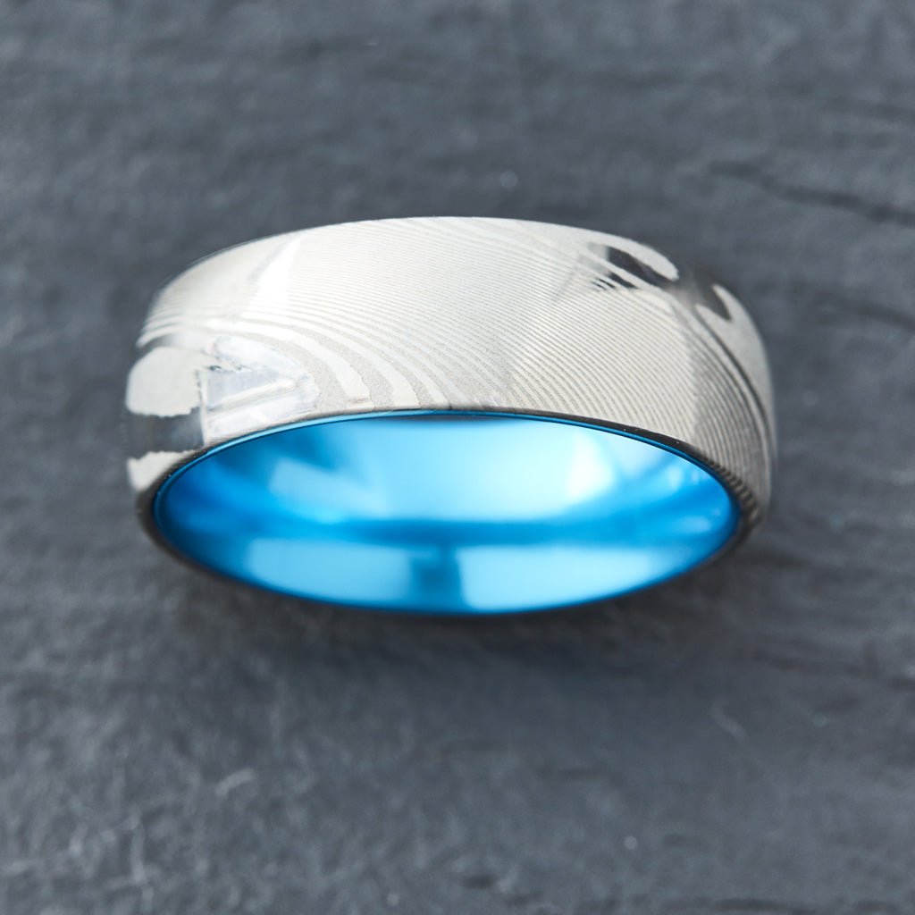 Wood Grain Blue Damascus Steel Ring | EMBR Wedding Bands
