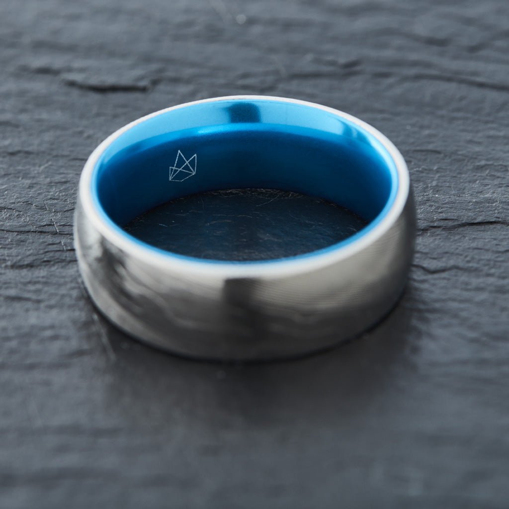 Wood Grain Blue Damascus Steel Ring | EMBR Wedding Bands